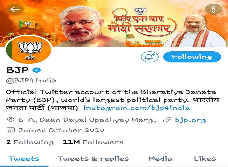 BJP crosses 11 million followers on Twitter | National News – India TV