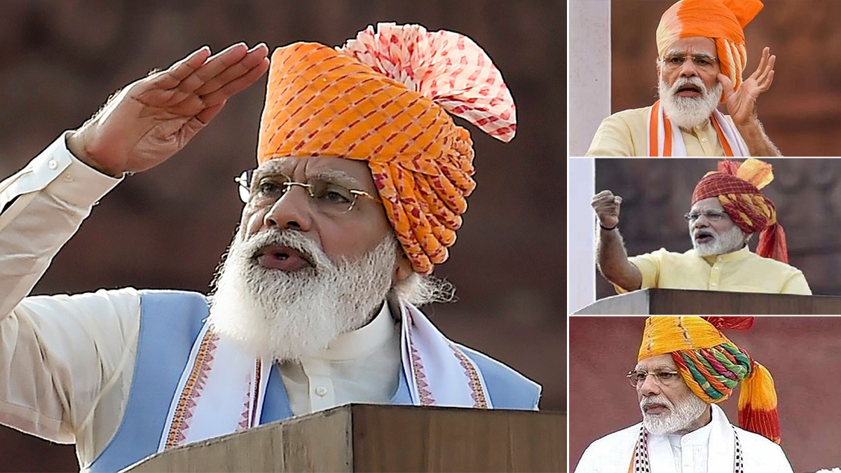 PM Modi dons saffron turban with 'leheriya' pattern for 75th ...