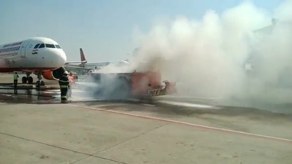 Mumbai airport tragedy averted Air India vehicle catches fire video ...