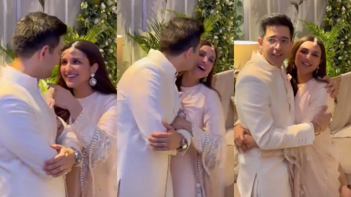 Raghav Chadha kisses Parineeti Chopra as she sings 'Ve Maahi' at engagement. Watch their cute ...