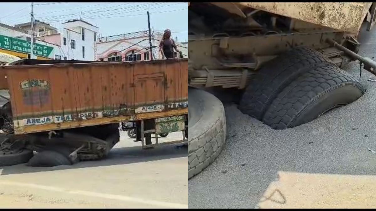 Bihar: Wheels of truck get stuck as road caves-in in Patna | Bizarre ...