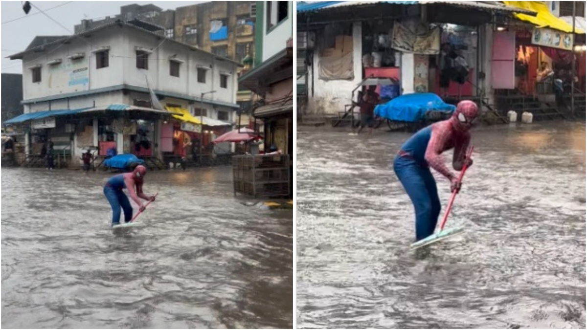 'Spider-Man' goes viral for clearing floodwater on Mumbai street ...