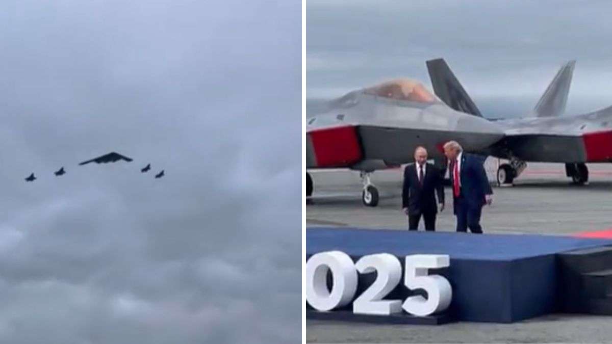B2 Stealth Bomber, F-22s fly over Putin as he arrives in Alaska | Video ...