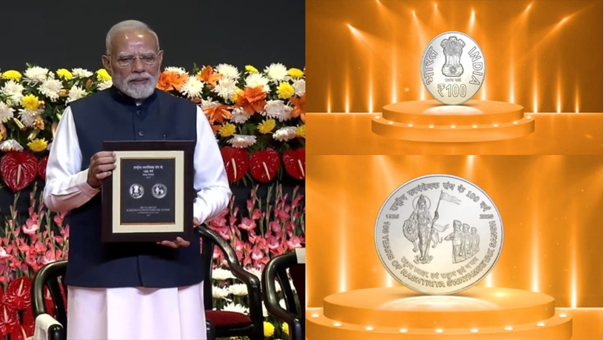 PM Modi unveils Rs 100 coin, stamp at RSS centenary; 'Bharat Mata' features first time on Indian ...