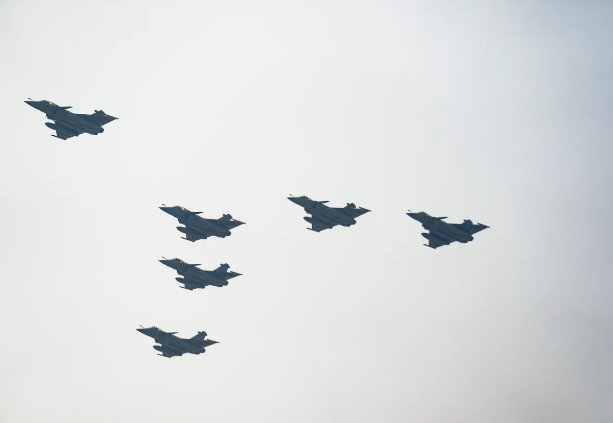 A formation flying named 'Sindoor' comprising Rafale, Su-30 jets to ...