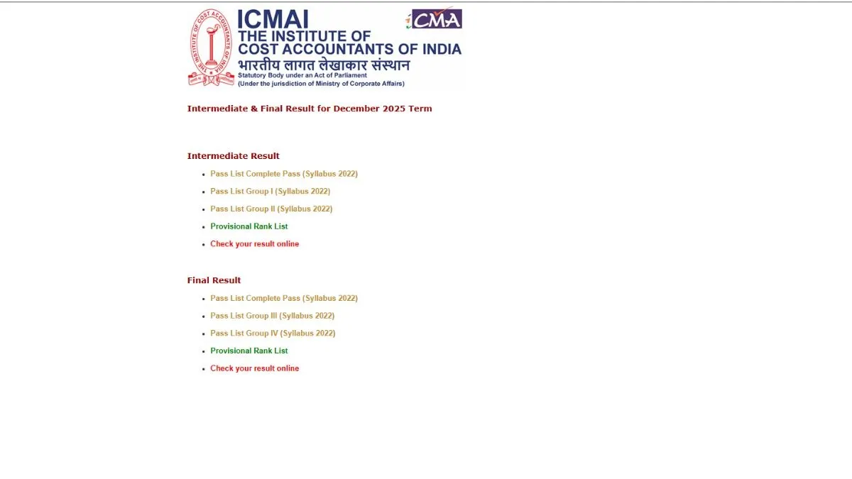 ICMAI CMA Result 2025 out at eicmai.in LIVE: Meet the 'top 10' of inter ...