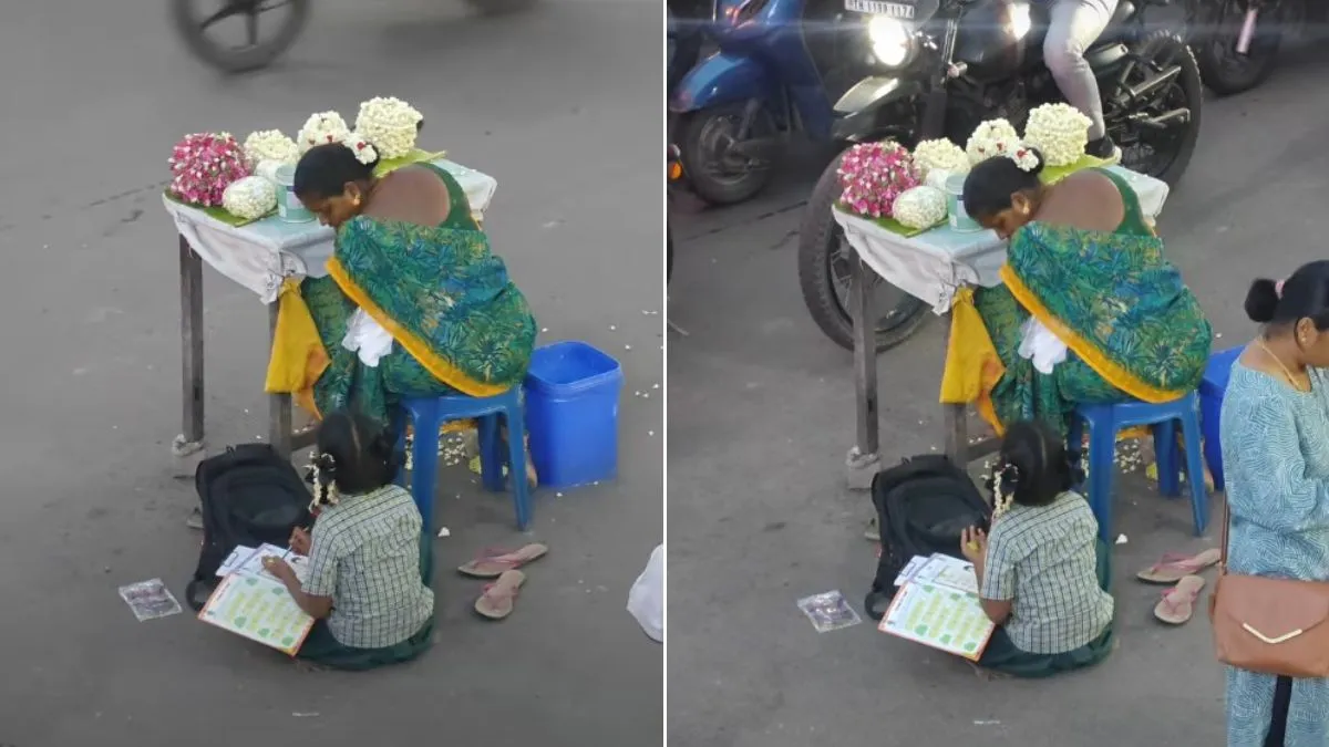 Girl studies by roadside while mother sells flowers in Chennai. What ...