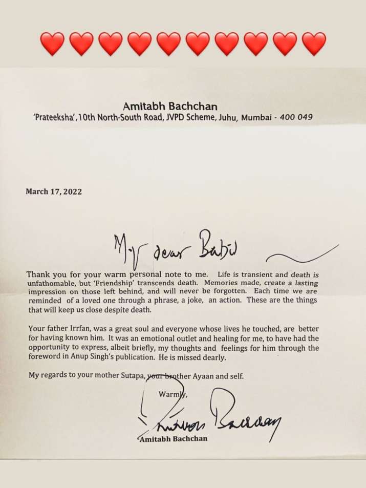 Amitabh Bachchan sends a heartfelt letter in memory of Irrfan Khan; son ...