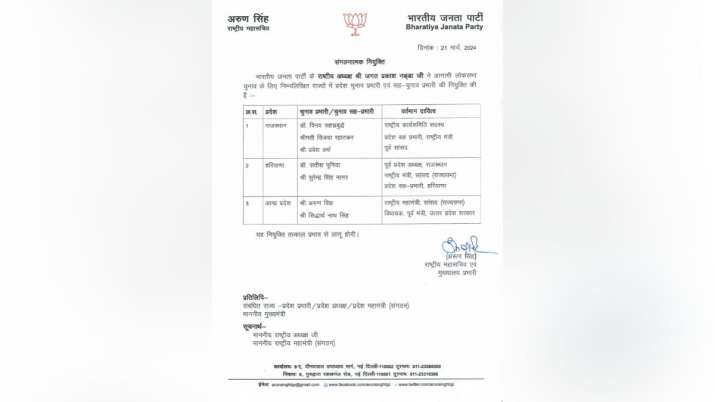 BJP appoints Vinay Sahasrabuddhe, Satish Punia and Arun Singh as election incharges for THESE ...
