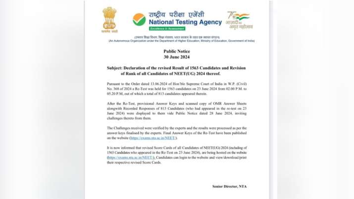 NEET-UG 2024 re-exam result declared on exams.nta.ac.in | Check details here – India TV