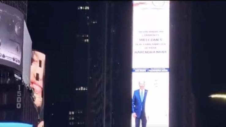 PM Modi Times Square LED screens aircraft with Modi banner over Boston ...